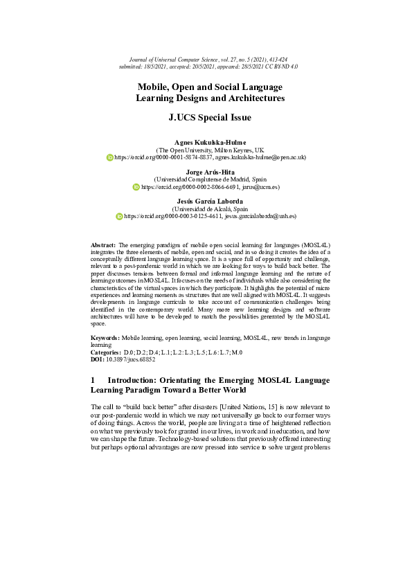 (PDF) Mobile, Open and Social Language Learning Designs and Architectures