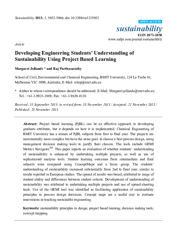 (PDF) Developing Engineering Students’ Understanding of Sustainability Using Project Based Learning
