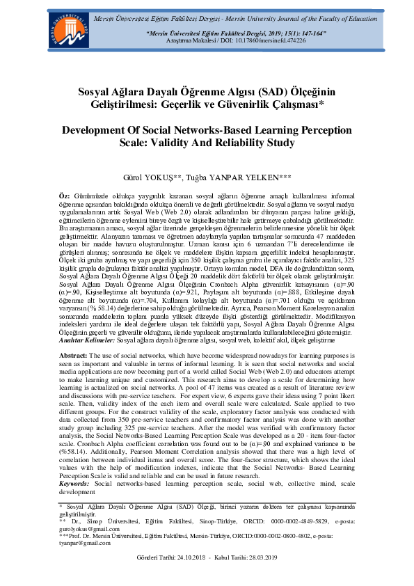 (PDF) Development Of Social Networks-Based Learning Scale: Validity And Reliability Study