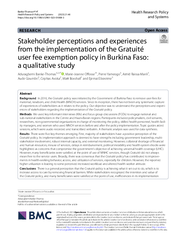 (PDF) Stakeholder perceptions and experiences from the implementation of the Gratuité user fee ...