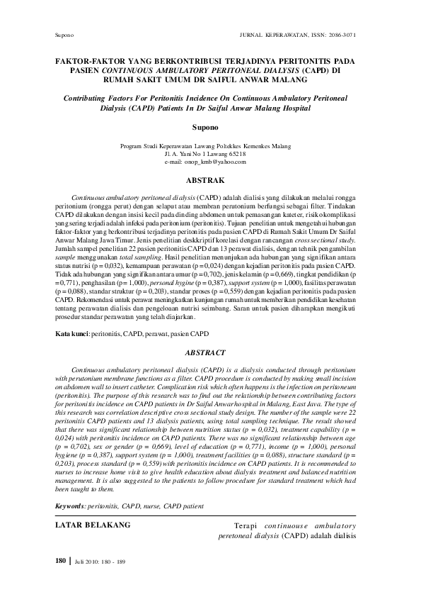 (PDF) FAKTOR-FAKTOR YANG BERKONTRIBUSI TERJADINYA PERITONITIS PADA PASIEN CONTINUOUS AMBULATORY ...