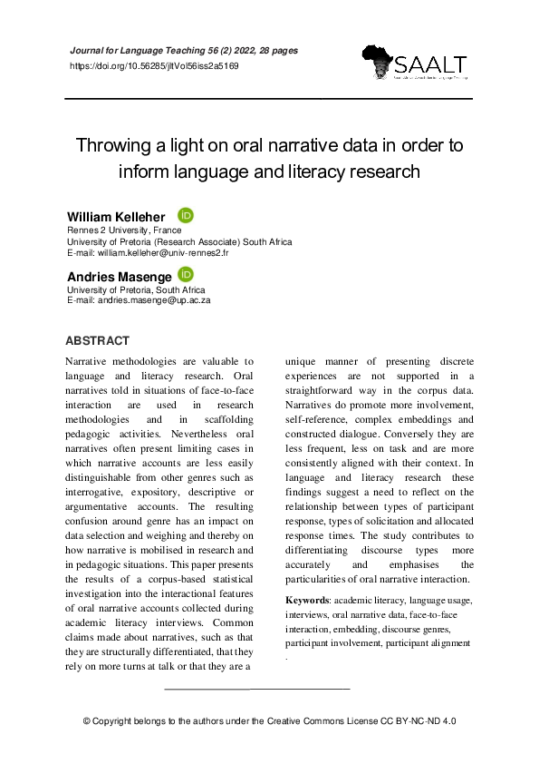(PDF) Throwing a light on oral narrative data in order to inform ...
