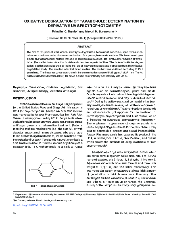 Pdf Oxidative Degradation Of Tavaborole Determination By Derivative Uv Spectrophotometry