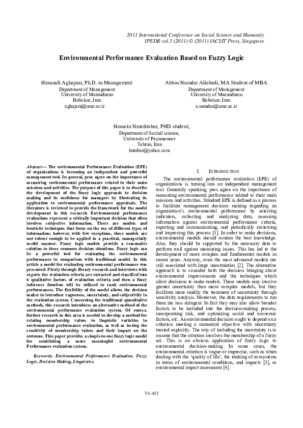 (PDF) Environmental Performance Evaluation Based on Fuzzy Logic