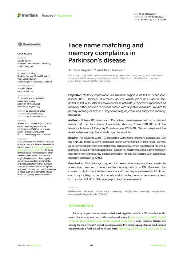 (PDF) Face name matching and memory complaints in Parkinson’s disease