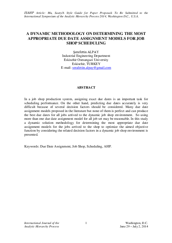 Pdf A Dynamic Methodology On Determining The Most Appropriate Due Date Assignment Models For