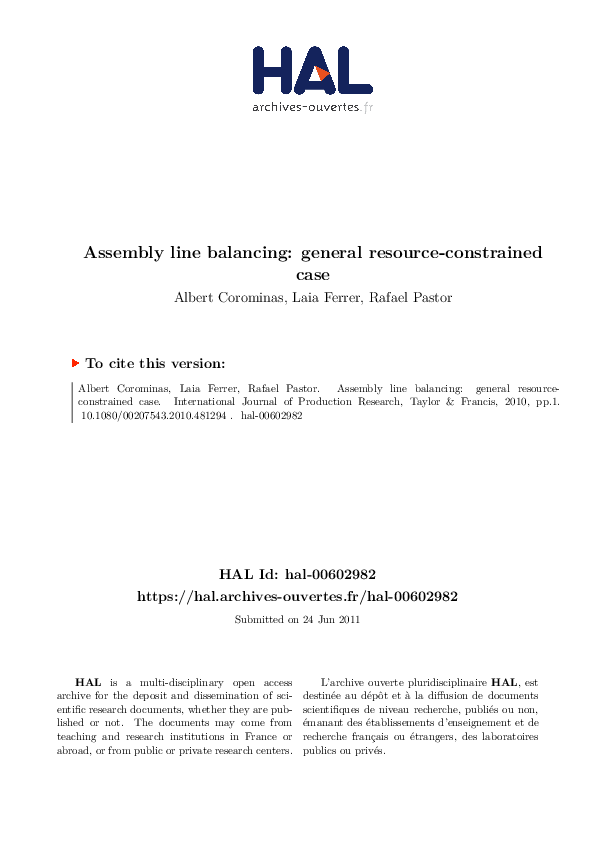 (PDF) Assembly line balancing: general resource-constrained case