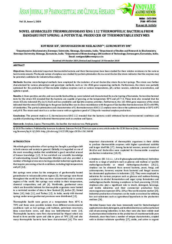 (PDF) NOVEL GEOBACILLUS THERMOLEOVORANS KNG 112 THERMOPHILIC BACTERIA ...