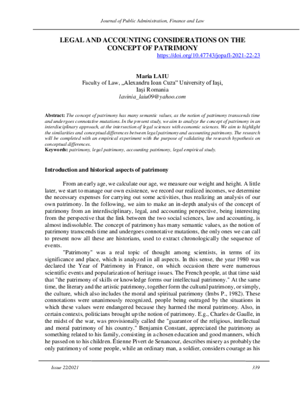 (PDF) LEGAL AND ACCOUNTING CONSIDERATIONS ON THE CONCEPT OF PATRIMONY