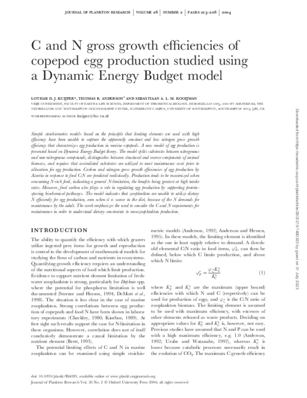 (PDF) C and N gross growth efficiencies of copepod egg production ...