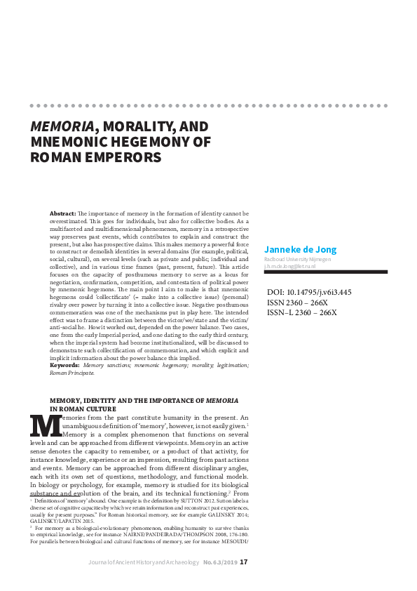 (PDF) Memoria, Morality, and Mnemonic Hegemony of Roman Emperors