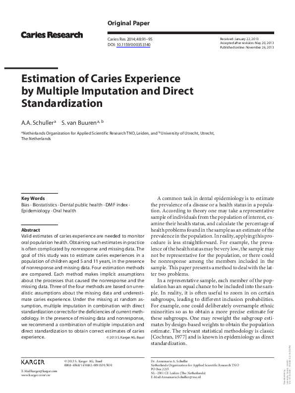 Pdf Estimation Of Caries Experience By Multiple Imputation And Direct Standardization