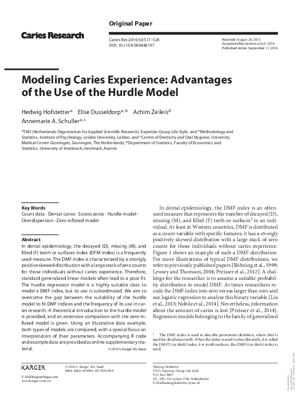 (PDF) Modeling Caries Experience: Advantages of the Use of the Hurdle Model