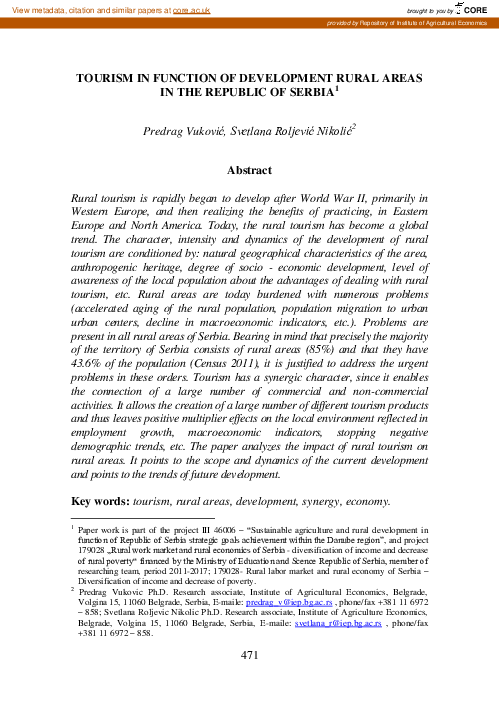 Pdf Tourism In Function Of Development Rural Areas In The Republic Of