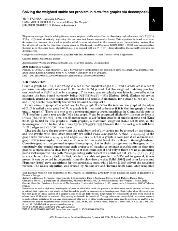 (PDF) Solving the Weighted Stable Set Problem in Claw-Free Graphs via ...