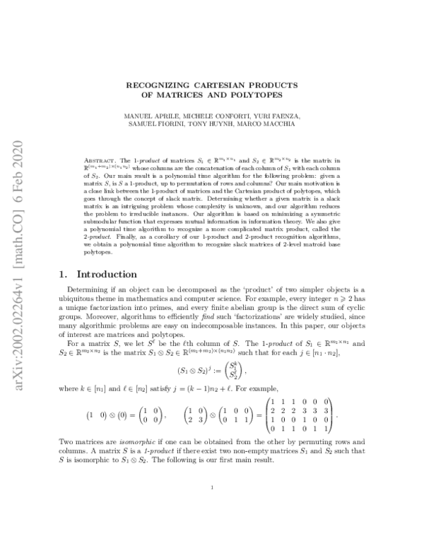(PDF) Recognizing Cartesian Products of Matrices and Polytopes