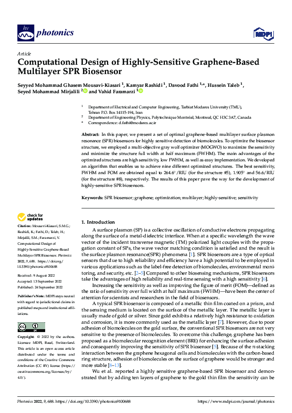 (PDF) Computational Design of Highly-Sensitive Graphene-Based Multilayer SPR Biosensor