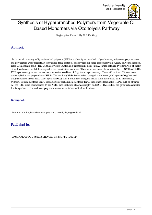 (PDF) Synthesis of hyperbranched polymers from vegetable oil based monomers via ozonolysis pathway