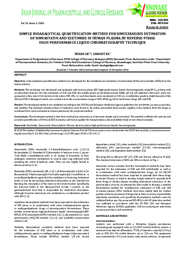 Pdf Simple Bioanalytical Quantification Method For Simultaneous Estimation Of Simvastatin And