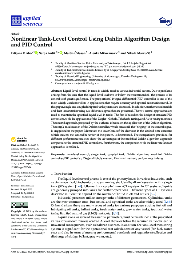 Pdf Nonlinear Tank Level Control Using Dahlin Algorithm Design And Pid Control