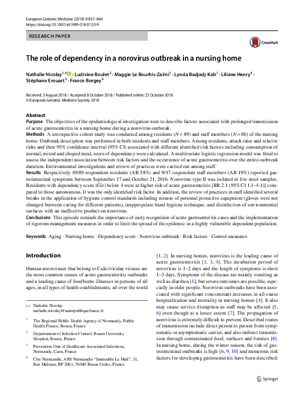 (PDF) The role of dependency in a norovirus outbreak in a nursing home