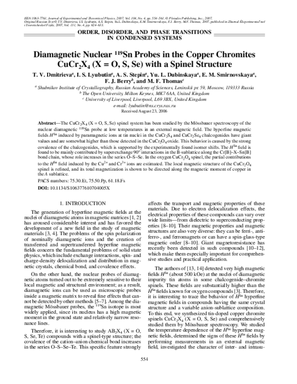 (PDF) Diamagnetic Nuclear 119 Sn Probes in the Copper Chromites CuCr 2 ...