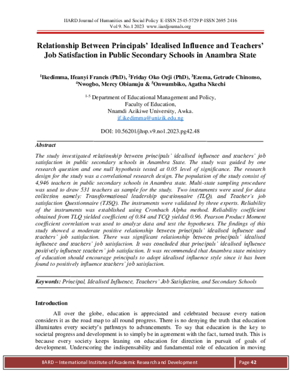(PDF) Relationship Between Principals' Idealised Influence and Teachers' Job Satisfaction in ...