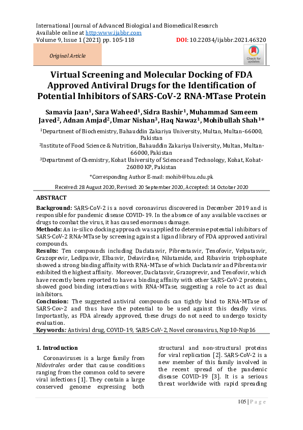 (PDF) Virtual Screening and Molecular Docking of FDA Approved Antiviral Drugs for the ...