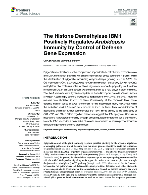 (PDF) The Histone Demethylase IBM1 Positively Regulates Arabidopsis ...