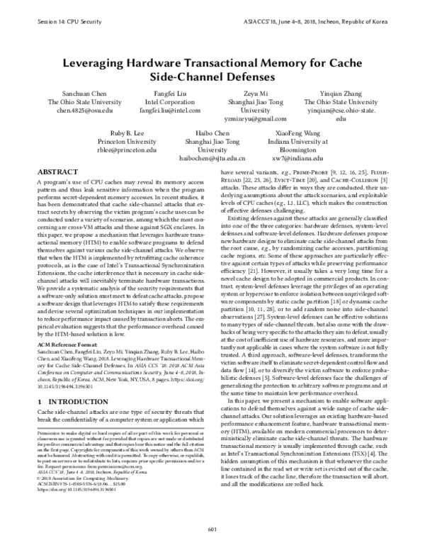 (PDF) Leveraging Hardware Transactional Memory for Cache Side-Channel Defenses