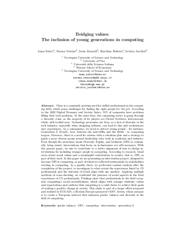 (PDF) Bridging values: The inclusion of young generations in computing