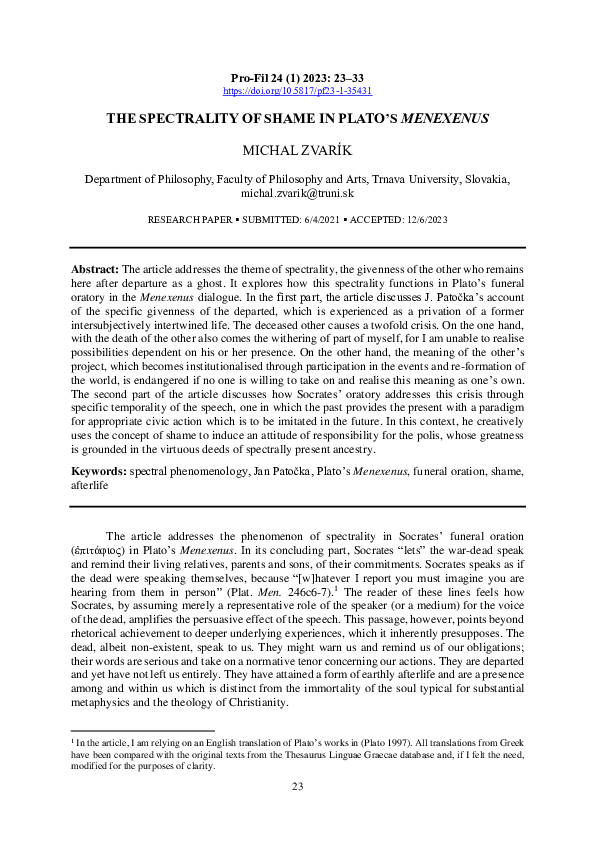 (PDF) THE SPECTRALITY OF SHAME IN PLATO'S MENEXENUS