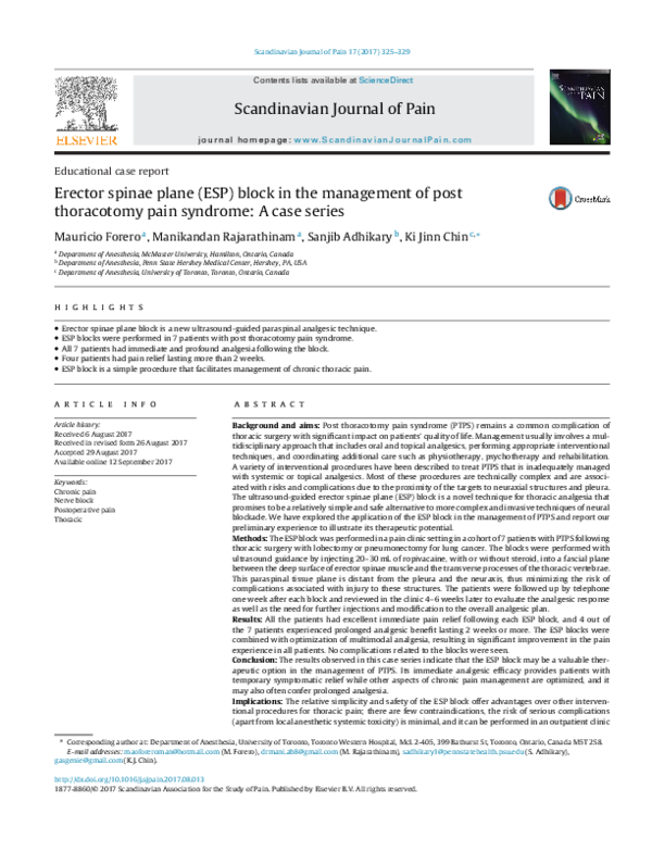 (PDF) Erector spinae plane (ESP) block in the management of post ...