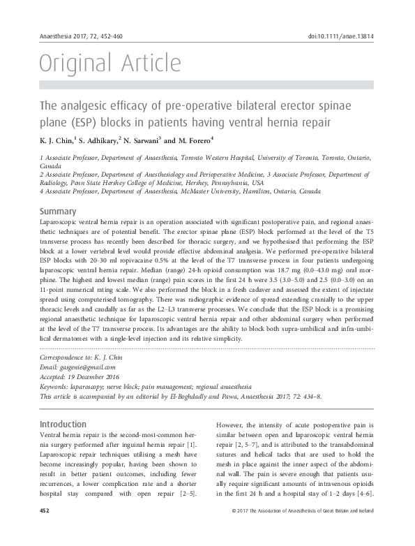(PDF) The analgesic efficacy of pre-operative bilateral erector spinae ...