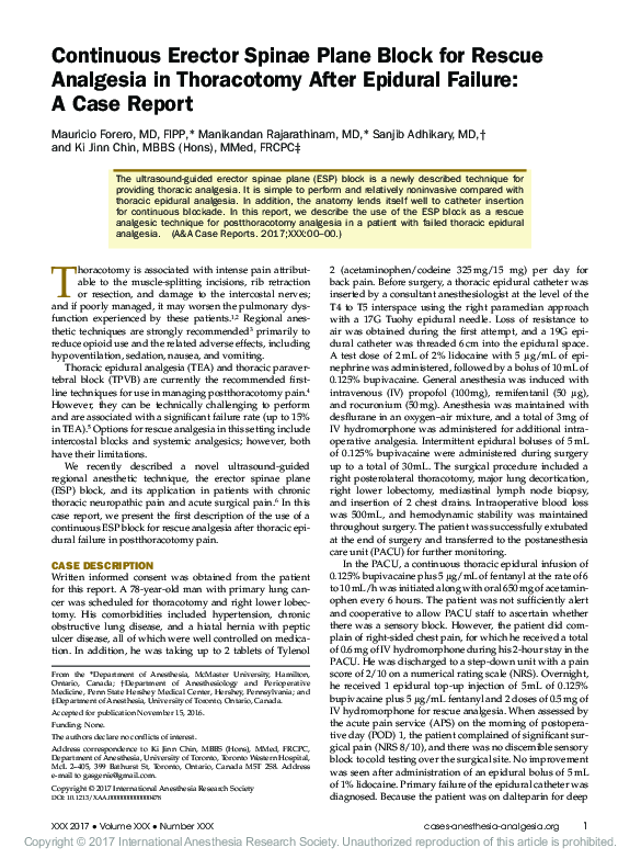(PDF) Continuous Erector Spinae Plane Block for Rescue Analgesia in ...