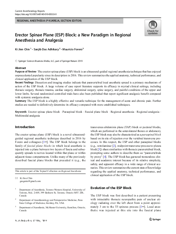 (PDF) Erector Spinae Plane (ESP) Block: a New Paradigm in Regional ...