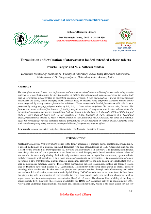 Pdf Formulation And Evaluation Of Atorvastatin Loaded Extended Release Tablets