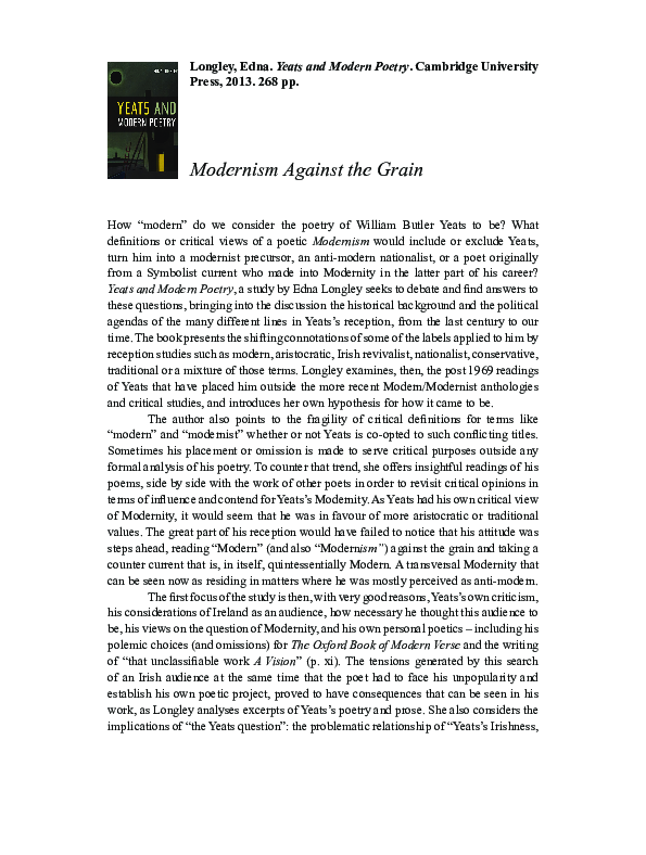 (PDF) Longley, Edna. Yeats and Modern Poetry. Modernism Against the Grain