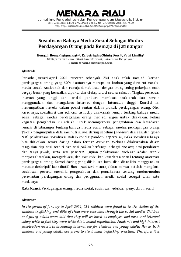 (PDF) Sosialisasi Bahaya Media Sosial sebagai Modus Perdagangan Orang pada Remaja di Jatinangor