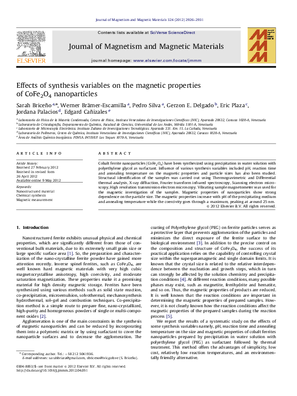 (PDF) Effects of synthesis variables on the magnetic properties of CoFe2O4 nanoparticles