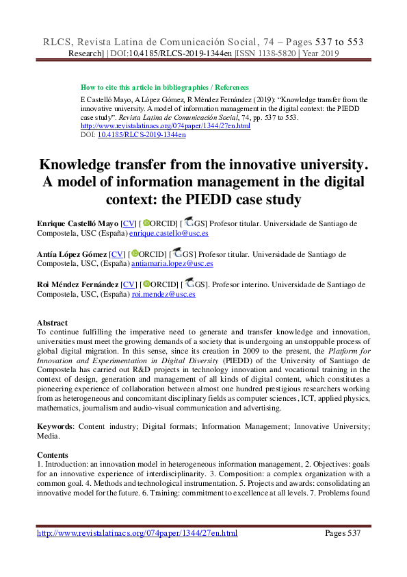 (PDF) Knowledge transfer from the innovative university. A model of information management in ...