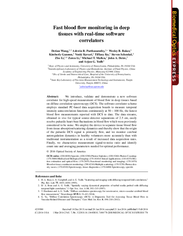 (PDF) Fast blood flow monitoring in deep tissues with real-time ...