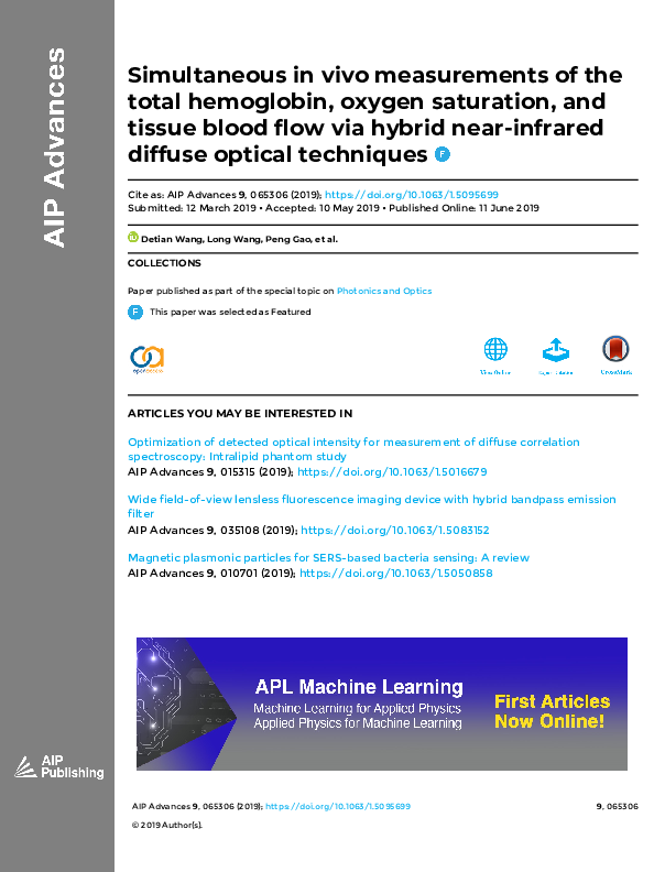 (PDF) Simultaneous in vivo measurements of the total hemoglobin, oxygen saturation, and tissue ...