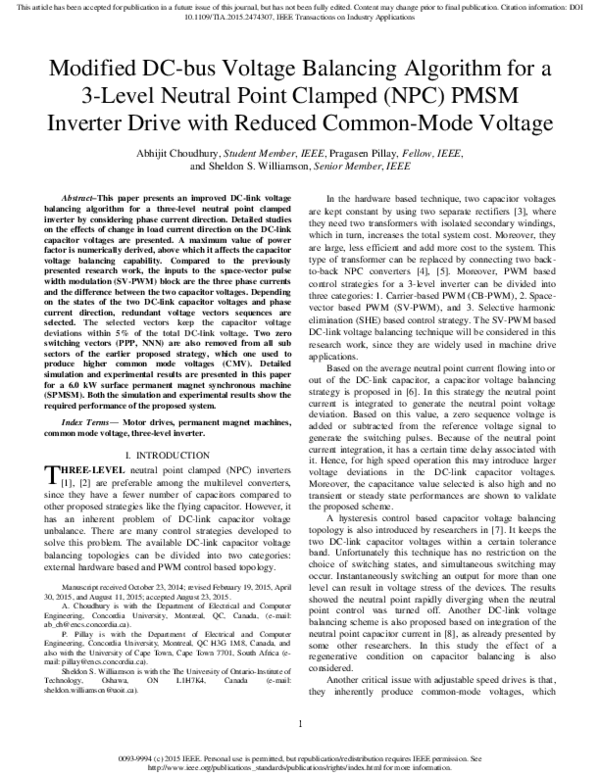 (PDF) Modified DC-Bus Voltage Balancing Algorithm for a Three-Level Neutral-Point-Clamped PMSM ...