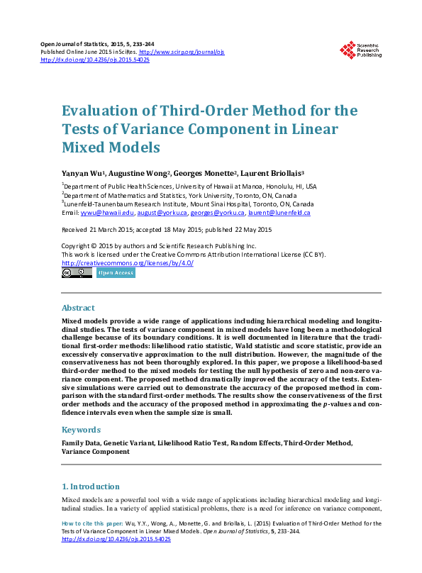 Pdf Evaluation Of Third Order Method For The Tests Of Variance Component In Linear Mixed Models