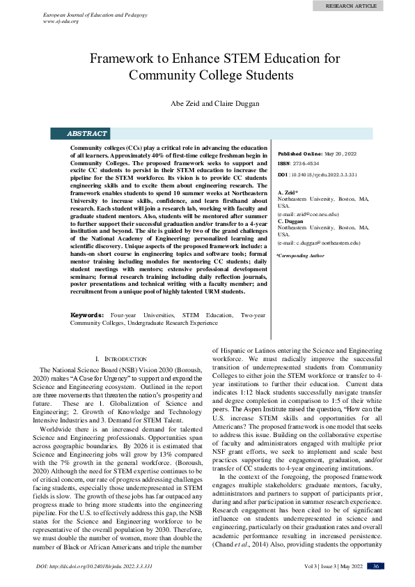 (PDF) Framework to Enhance STEM Education for Community College Students