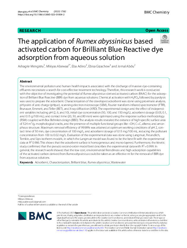 (PDF) The application of Rumex abyssinicus based activated carbon for Brilliant Blue Reactive ...