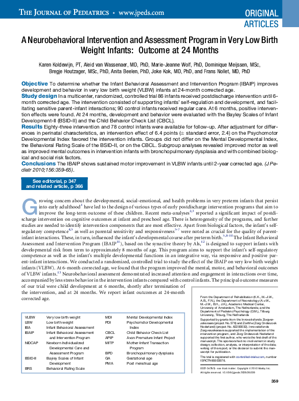 (PDF) A Neurobehavioral Intervention and Assessment Program in Very Low ...