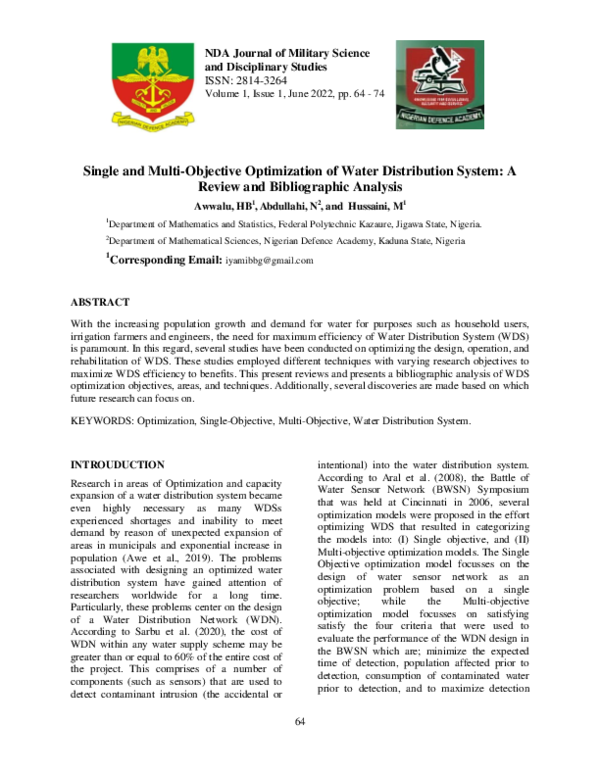 (PDF) Single and Multi-Objective Optimization of Water Distribution System: A Review and ...