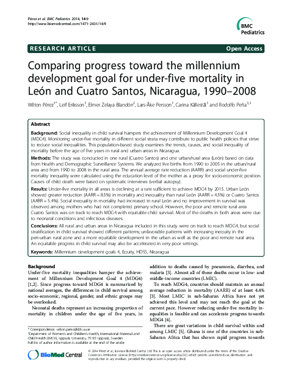 (PDF) Comparing progress toward the millennium development goal for ...